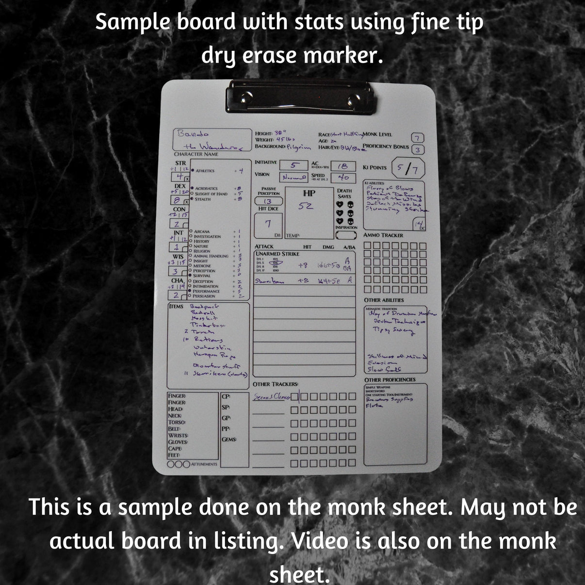 Rogue Character Sheet on a dry erase clipboard – Rowan Gate