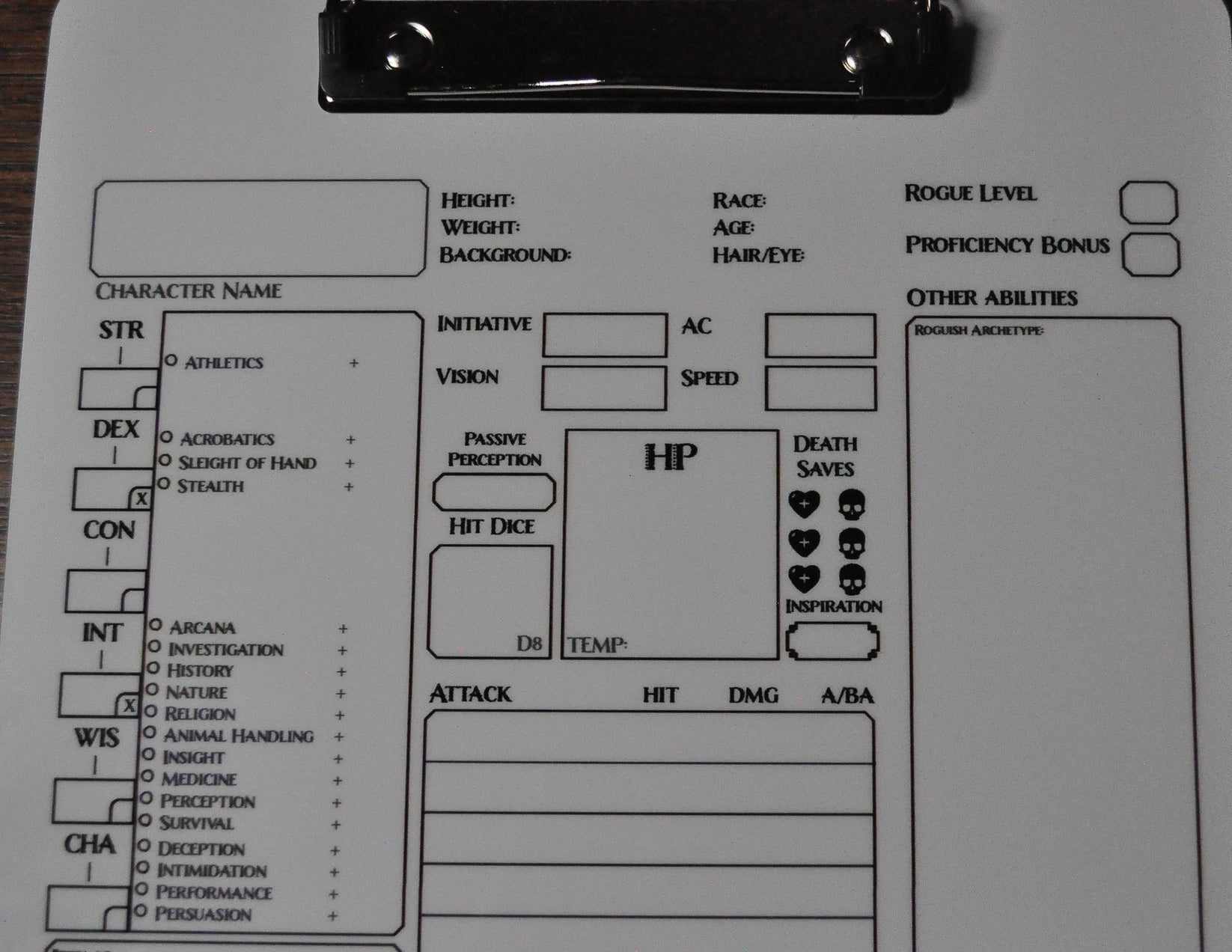 Rogue Character Sheet on a dry erase clipboard – Rowan Gate